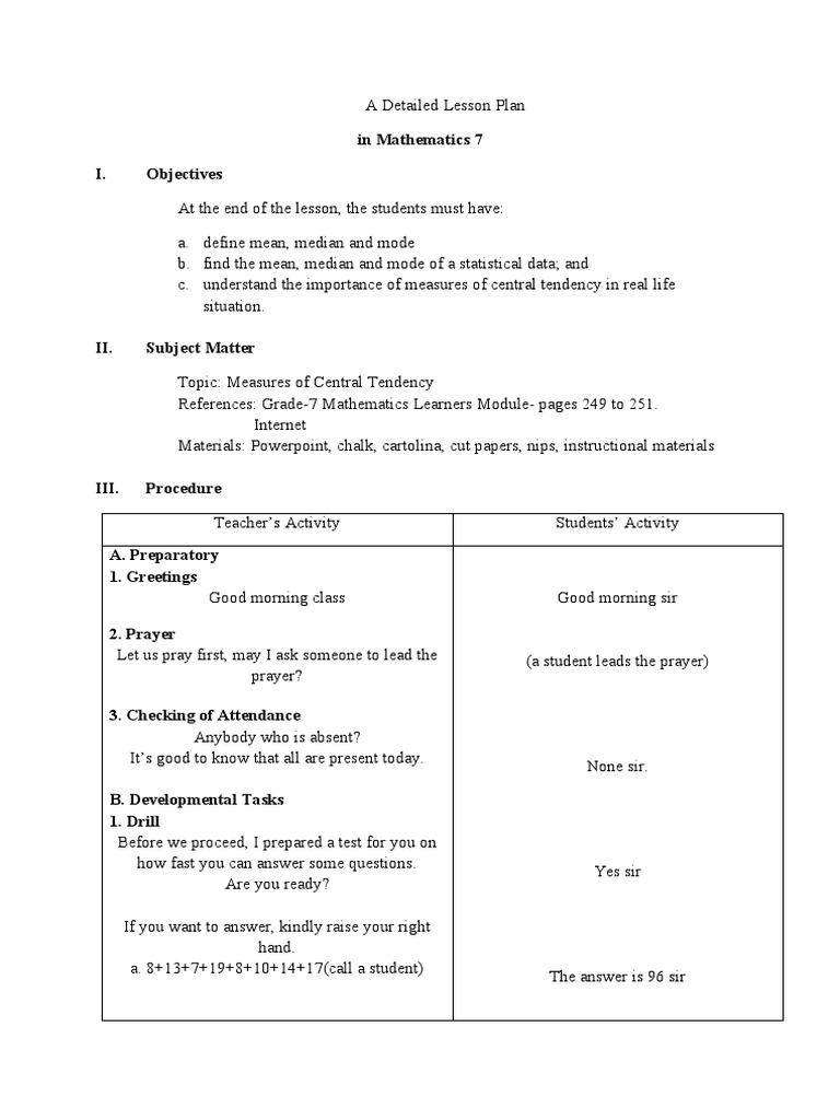 Final Lesson Plan in Math 7 Mean Median and Mode | PDF | Mean | Median