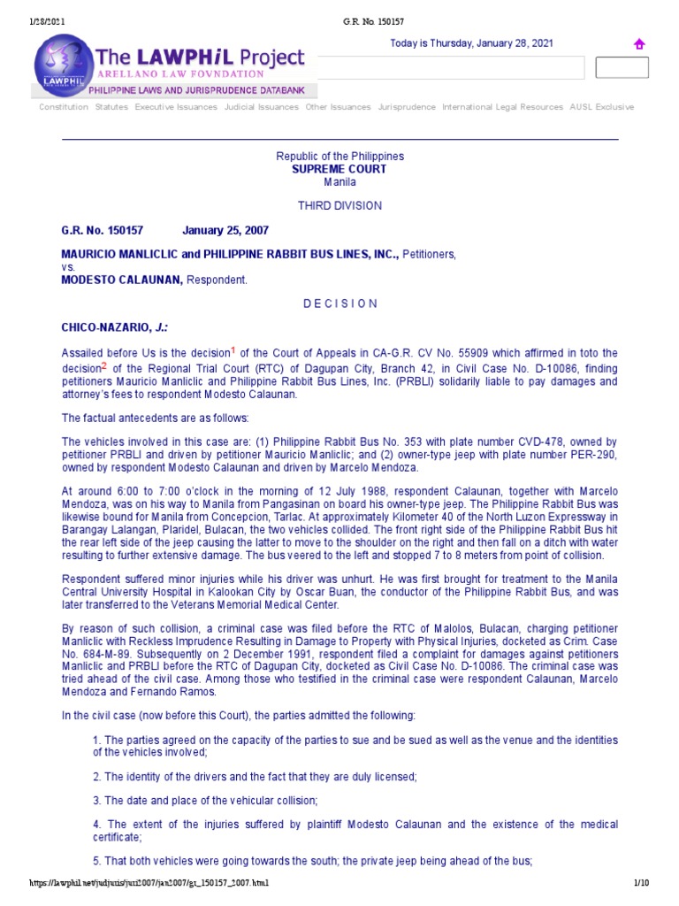 9 Manliclic v. Calaunan G.R. No.150157, January 25, 2007 | PDF ...