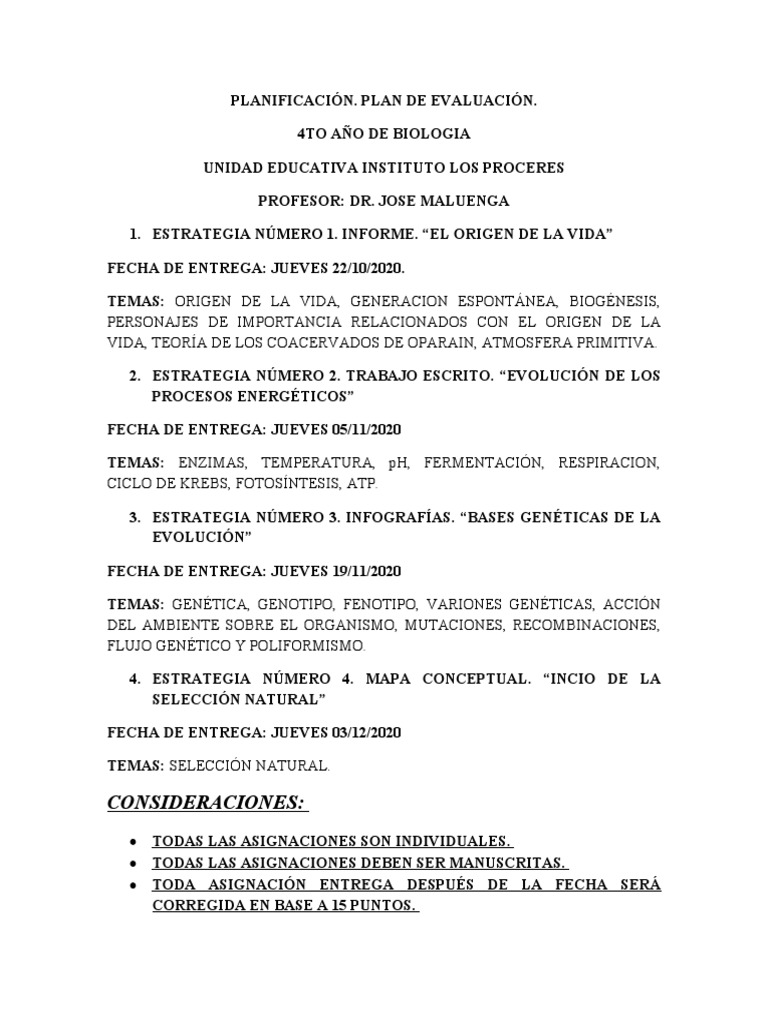 Planificación. Plan de Evaluación. 4to Año de Biología. Año Escolar. 2020-2021. 1er Lapso ...