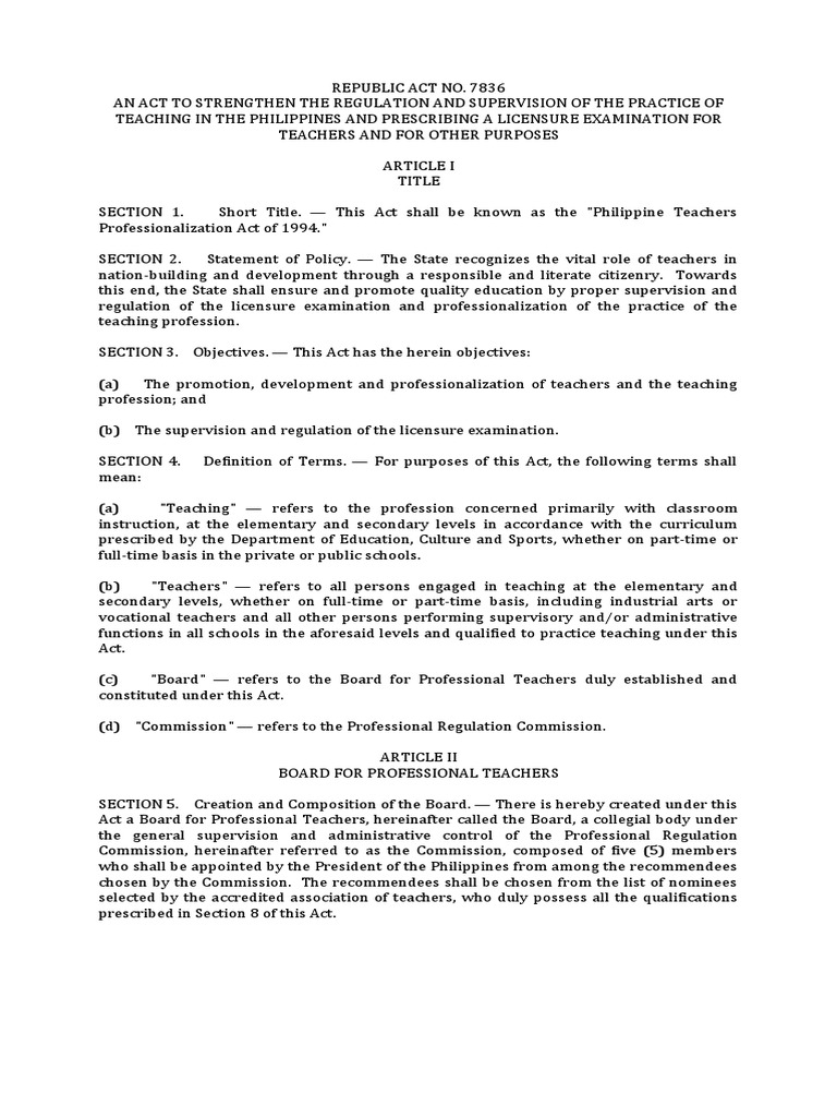 Philippine Teachers Professionalization Act | PDF | Licensure ...