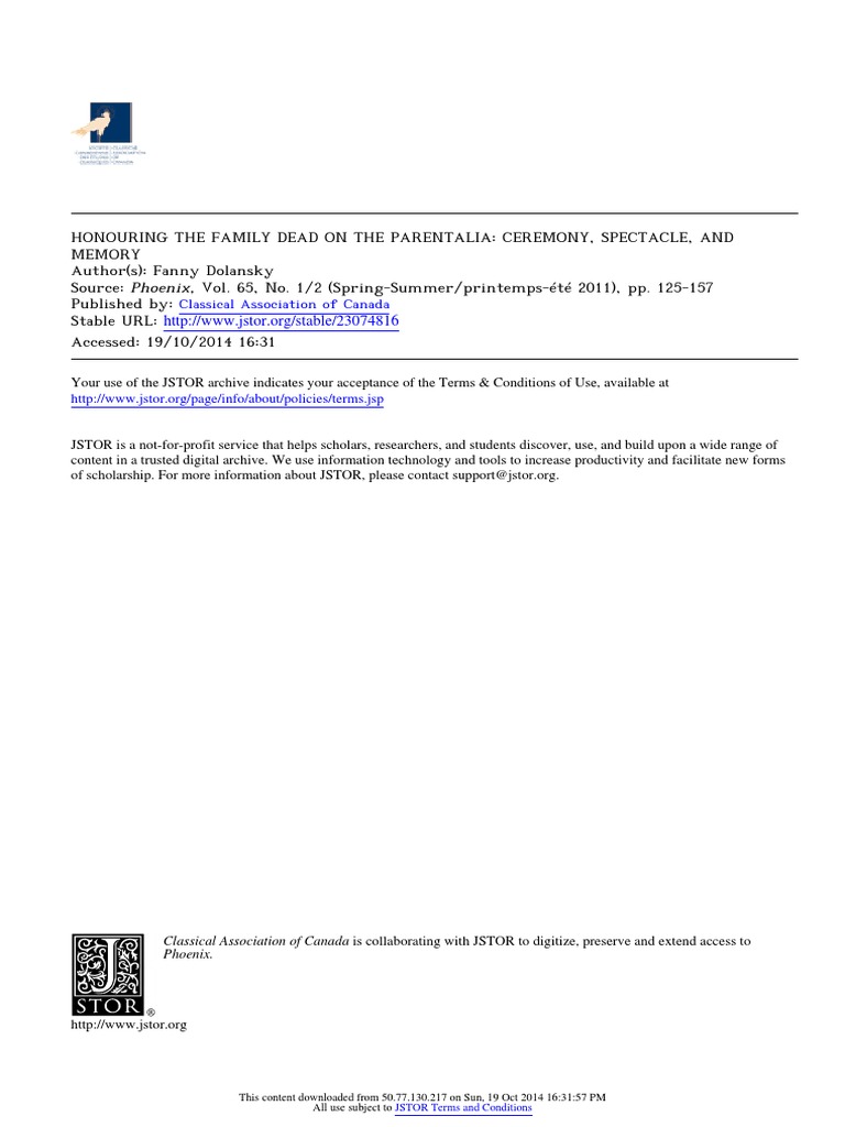 Honouring The Family Dead On The Parentalia: Ceremony, Spectacle, and ...