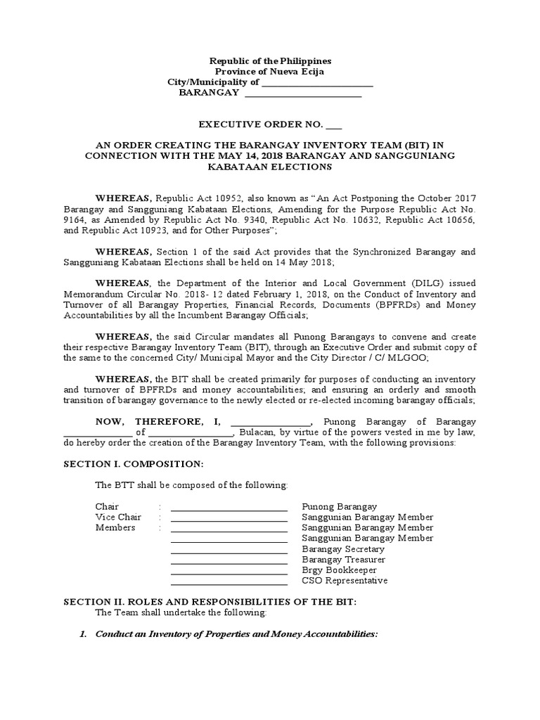 EXECUTIVE ORDER BIT Barangay Inventory Team | PDF | Policy | Justice