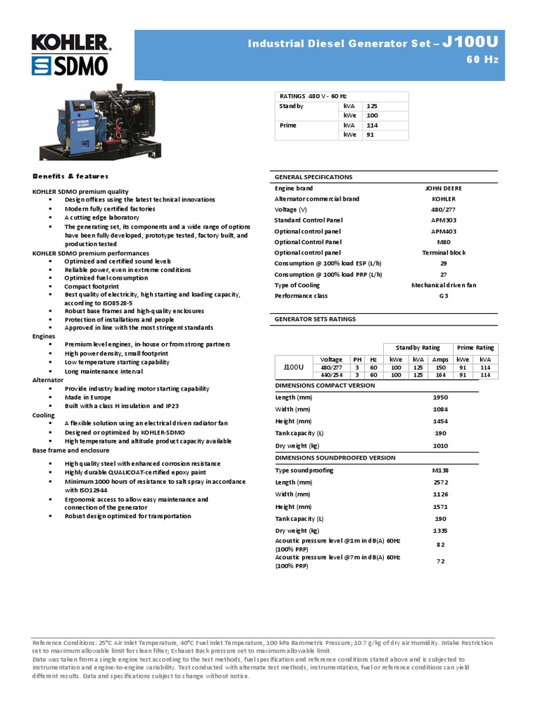 KOHLER SDMO J100U 60Hz Industrial Diesel Generator Set - 480V Standby ...