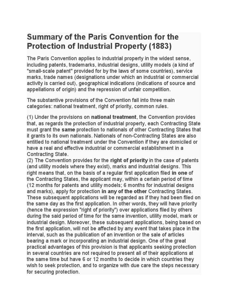 Summary of The Paris Convention For The Protection of Industrial ...
