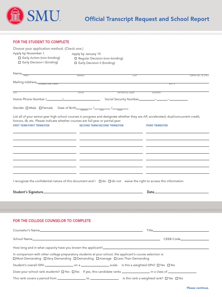 Official Transcript Request and School Report: For The Student To ...
