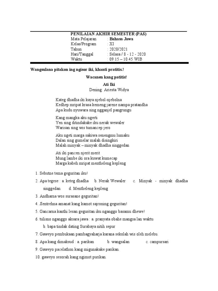 Penilaian Akhir Bahasa Jawa Kelas XI | PDF | Karier & Perkembangan | Kajian Bahasa Asing