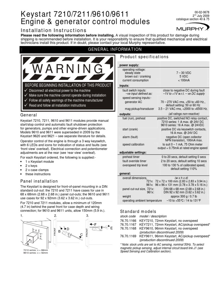Warning: Keystart 7210/7211/9610/9611 Engine & Generator Control ...
