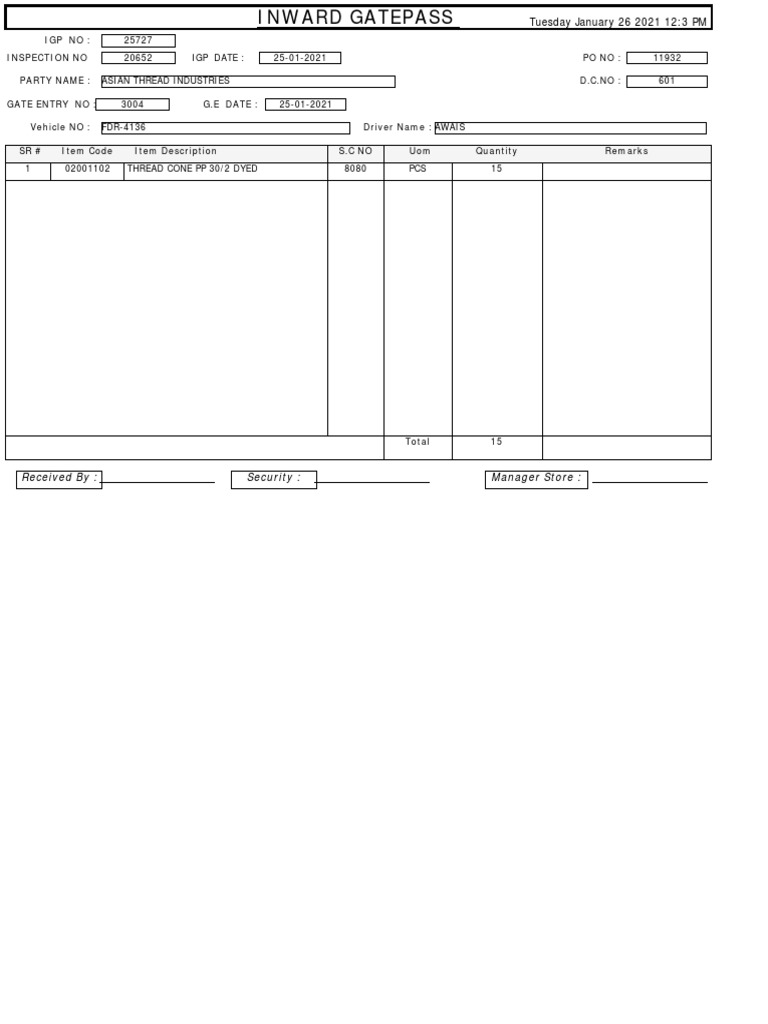 Inward Gatepass GT | PDF