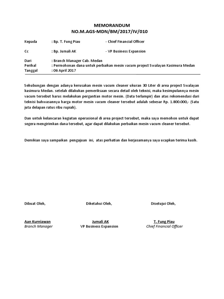 Memo Permintaan Dana Pembelian Motor Vacum Project Kasimura | PDF