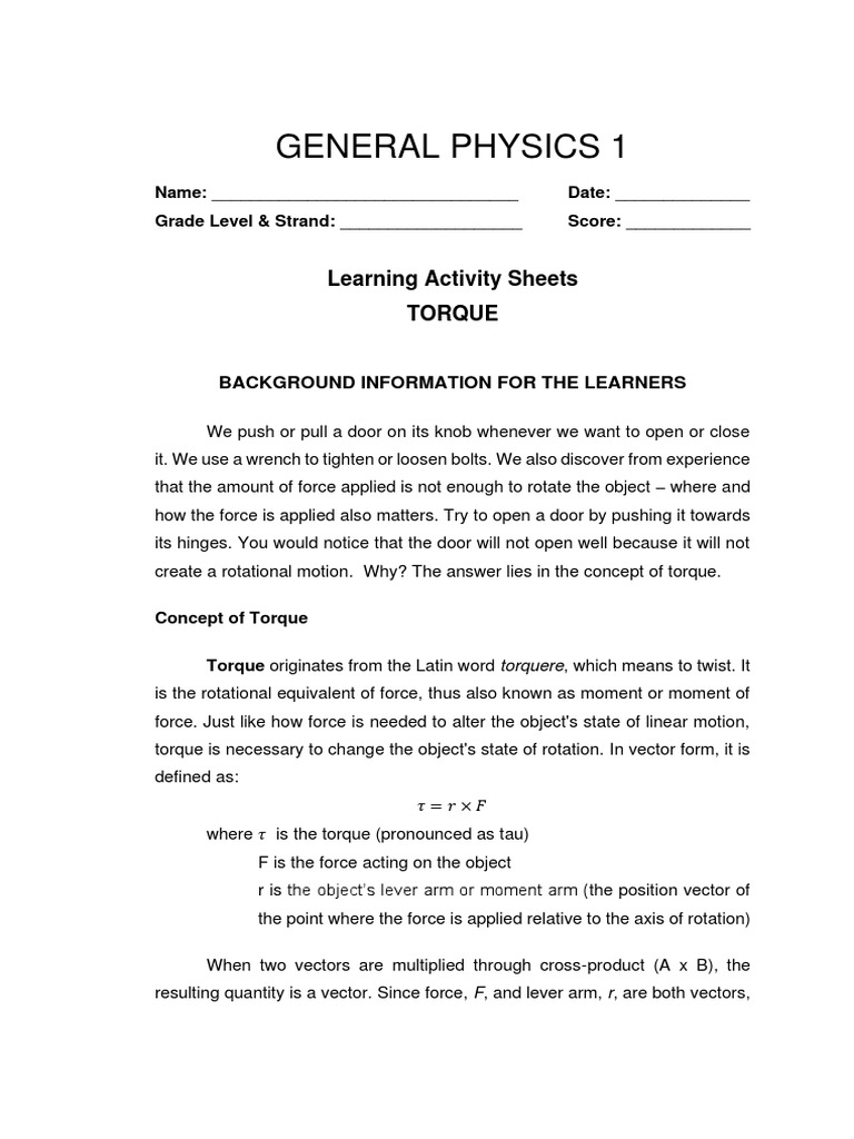 General Physics 1: Learning Activity Sheets Torque | PDF | Rotation ...