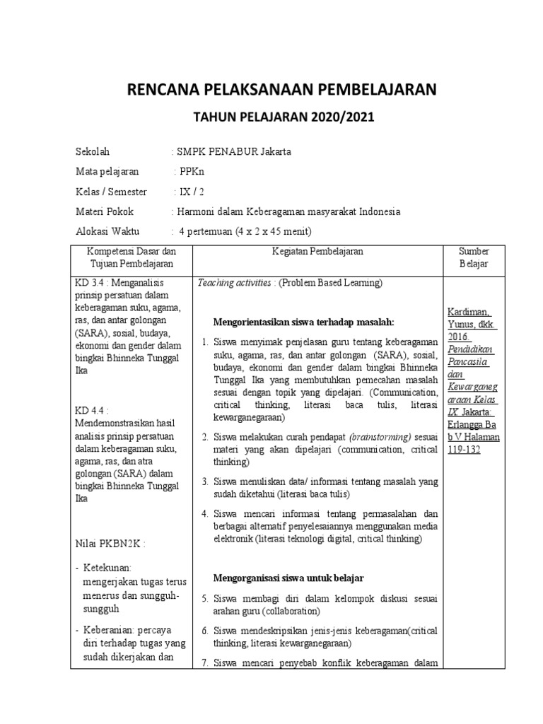 RPP Problem Based Learning - Format RPP SMP - PPKN | PDF