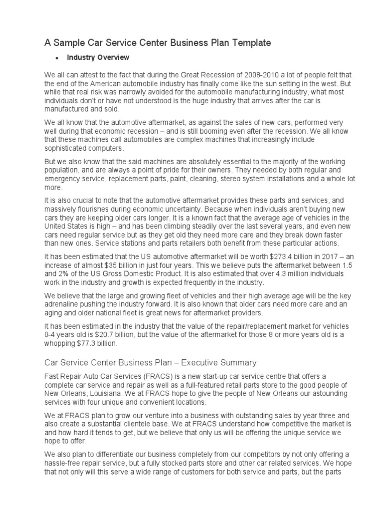 A Sample Car Service Center Business Plan Template | PDF | Car | Marketing