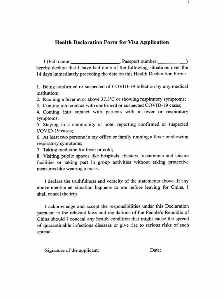 Health Declaration Form For Visa Application | PDF