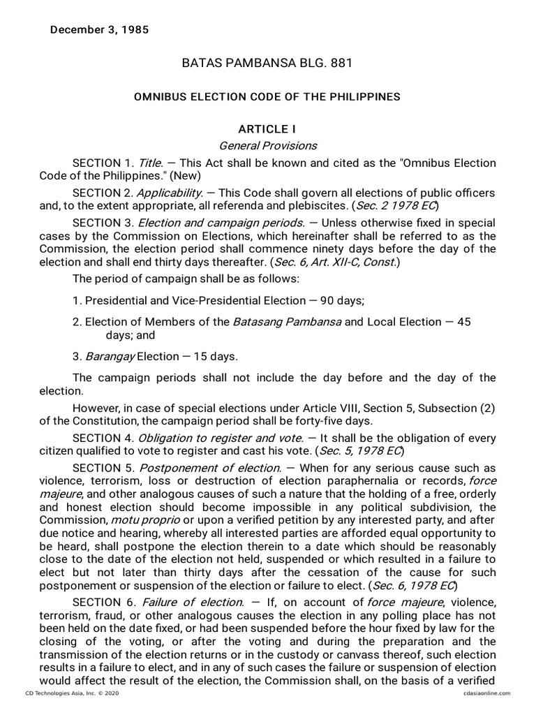 Omnibus Election Code of The Philippines | PDF | Elections | Public Law