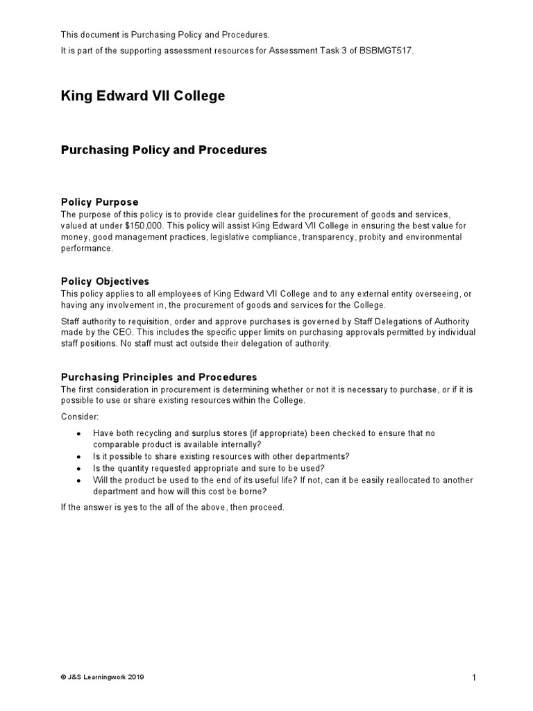 Purchasing Policy and Procedures | PDF | Procurement | Policy