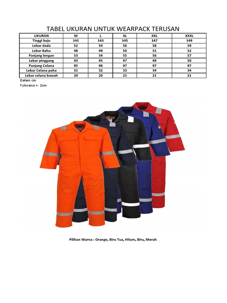 Tabel Ukuran Wearpack Terusan | PDF