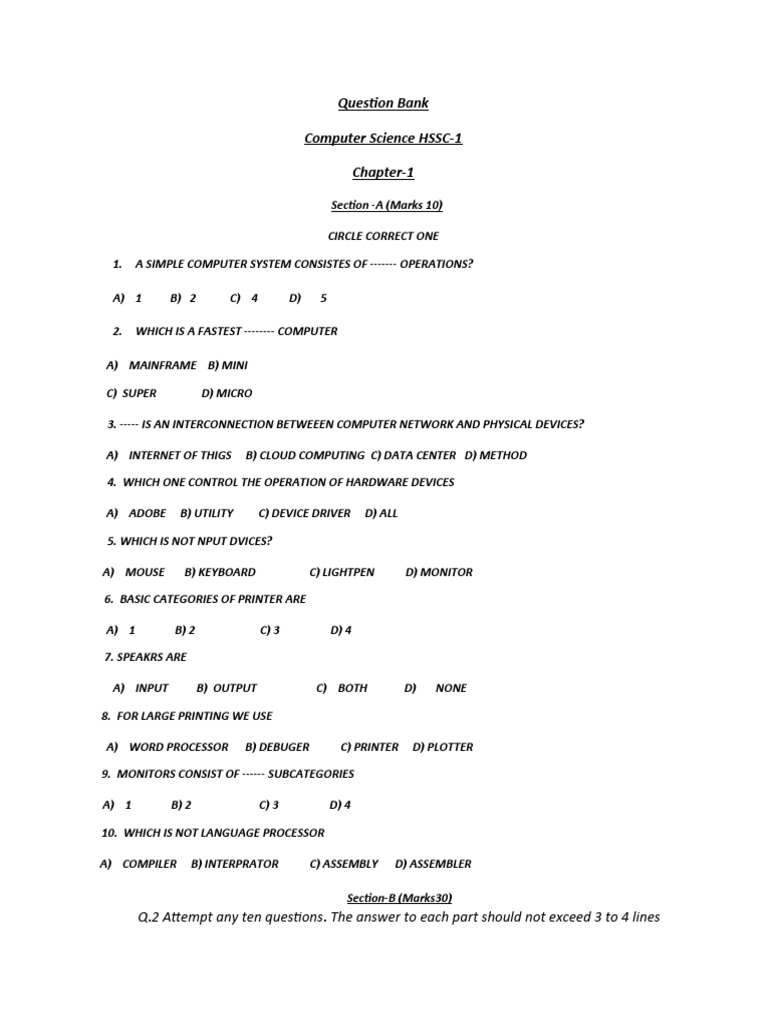 Question Bank Computer Science HSSC-1 Chapter-1 | PDF | Computer Hardware | Input/Output