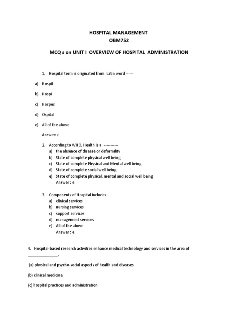 HM MCQ Unit 1 | PDF | Hospital | Patient