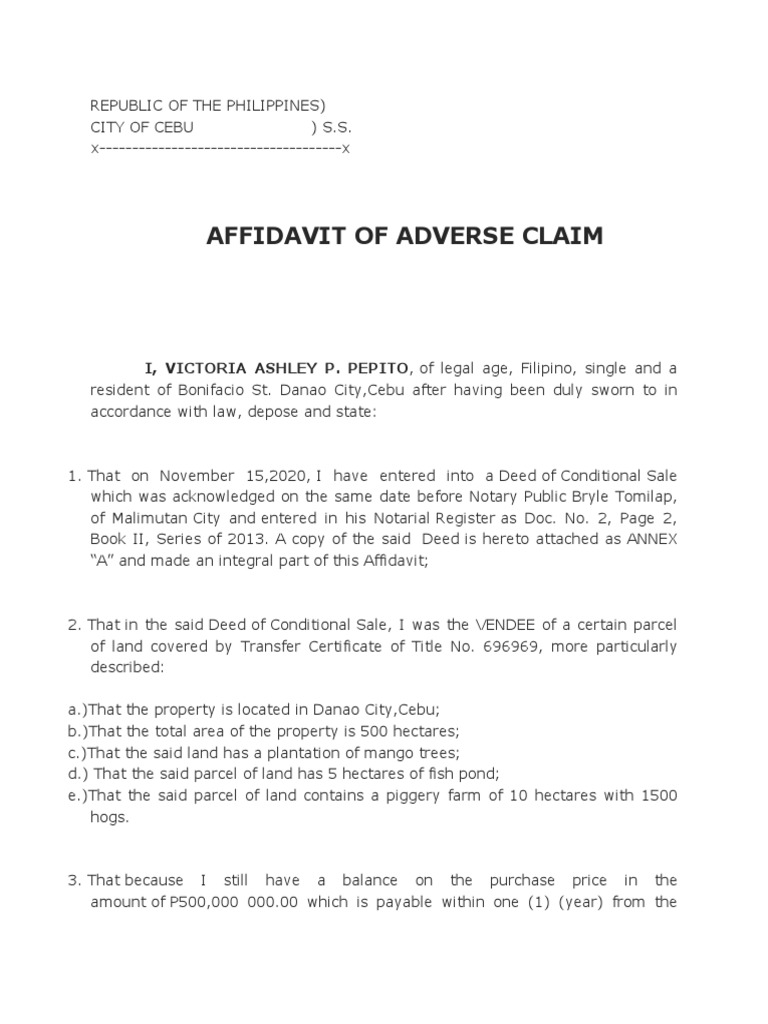 Affidavit of Adverse Claim | PDF | Affidavit | Deed