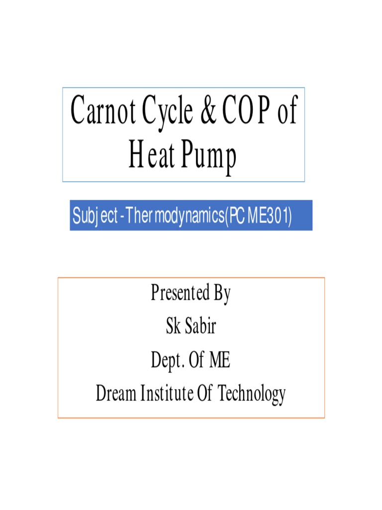 Carnot Cycle & COP of Heat Pump: Presented by SK Sabir Dept. of ME ...