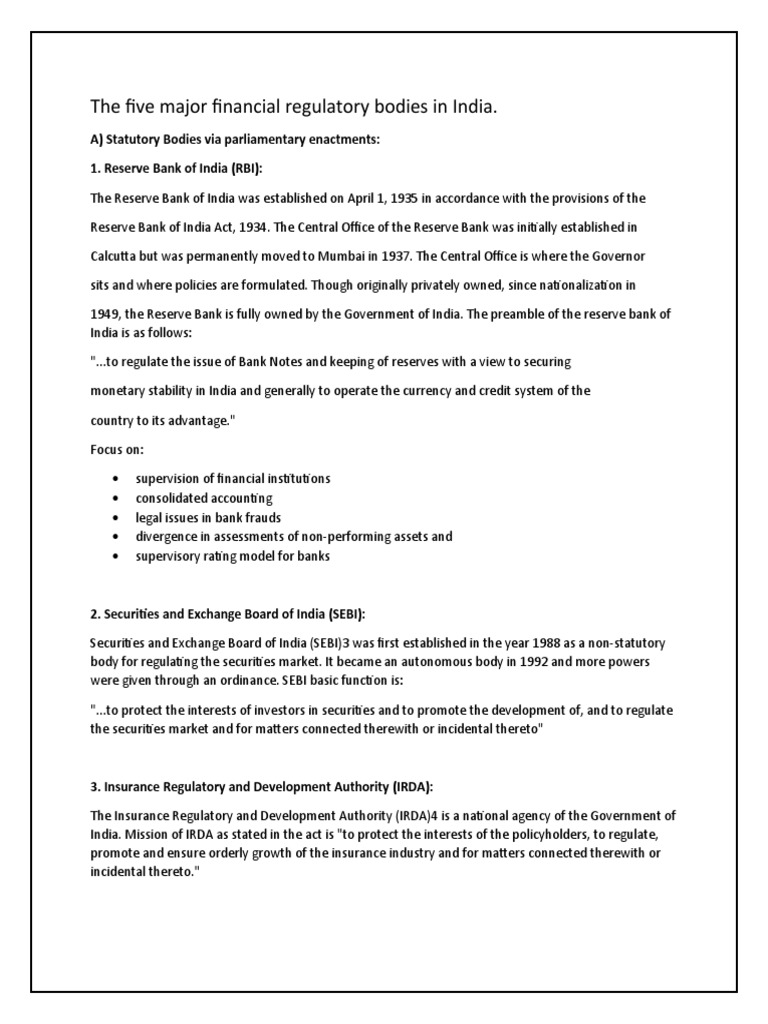 The Five Major Financial Regulatory Bodies in India | PDF | Reserve ...