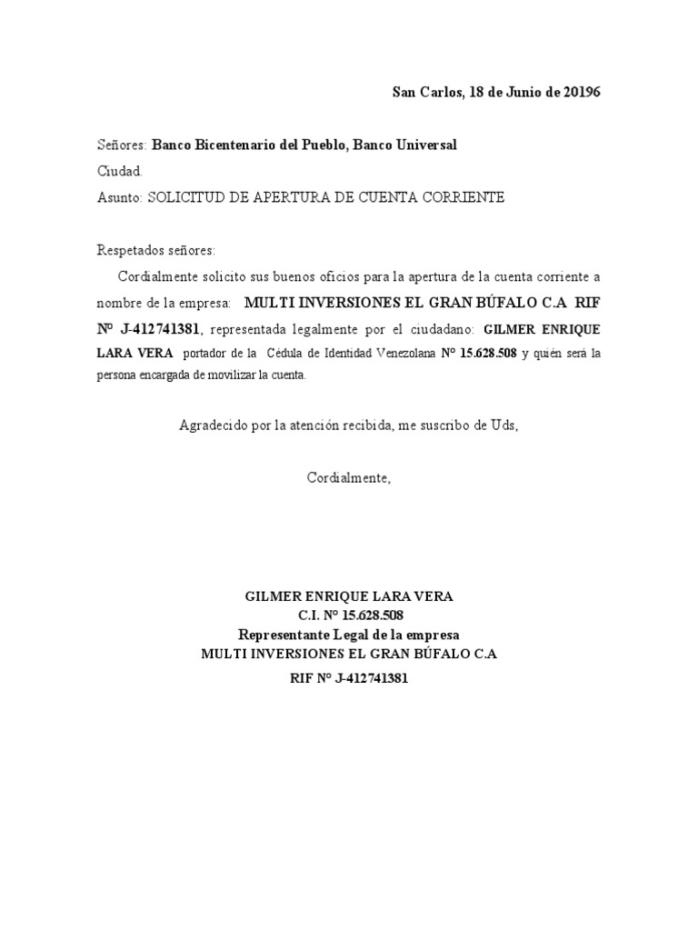 Carta Solicitud de Apertura de Cta Bancaria | PDF