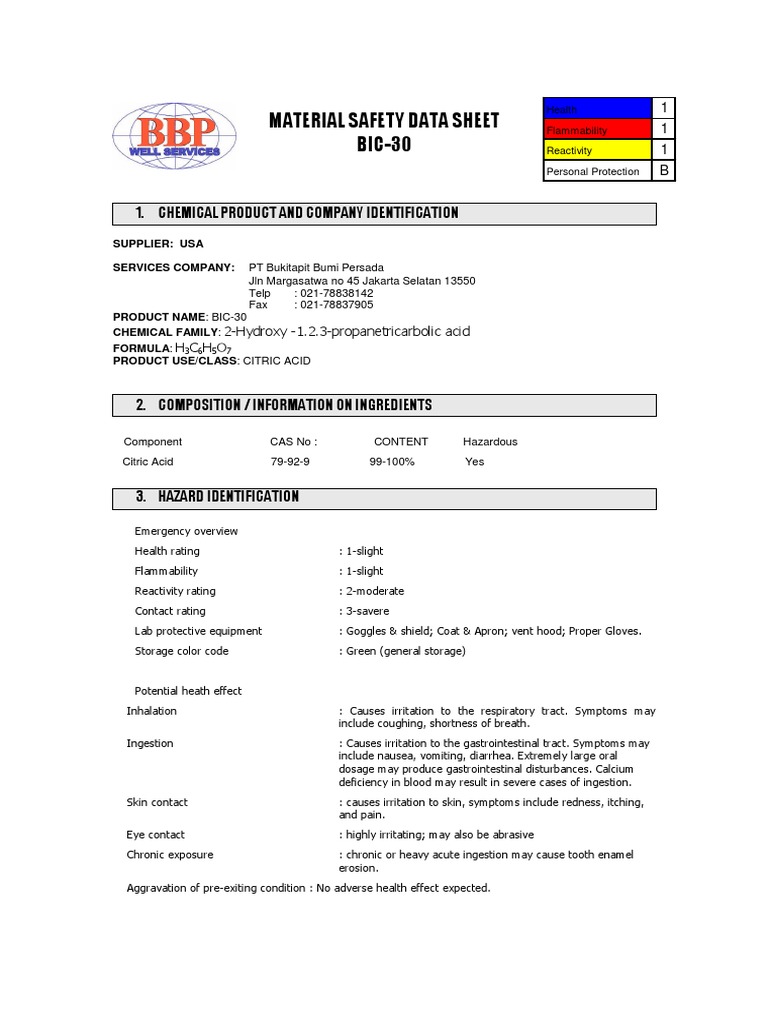 Citric Acid MSDS Safety Guide | PDF | Personal Protective Equipment ...