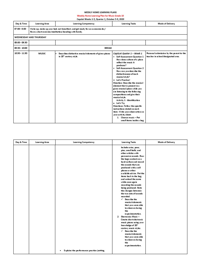 MAPEH 10 Weekly Home Learning Plan WEEK 1 | Download Free PDF | Musical ...
