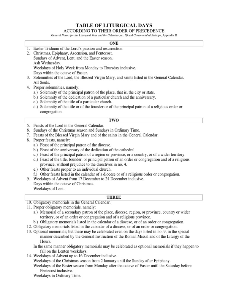 Table of Liturgical Days | PDF | Liturgical Year | Holidays
