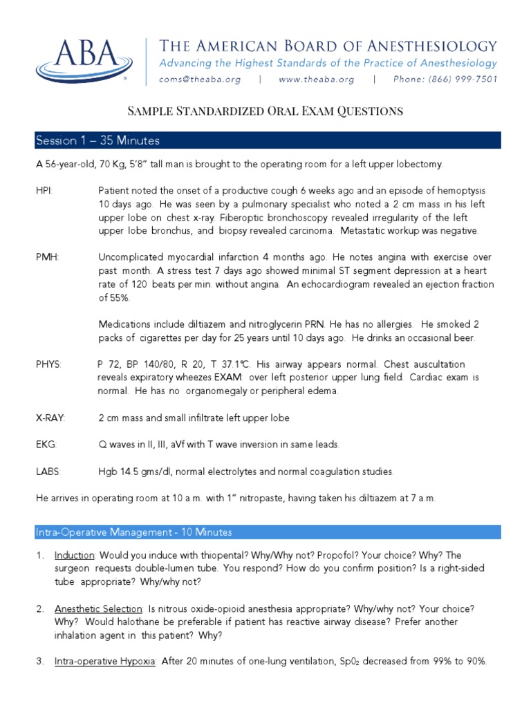 Sample Standardized Oral Exam Questions: Session 1 - 35 Minutes | PDF ...