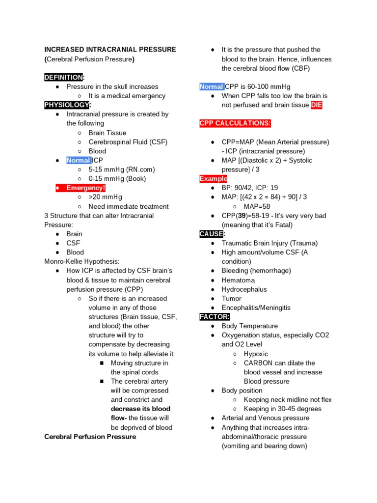 Normal DIE CPP Calculations:: Increased Intracranial Pressure (Cerebral ...