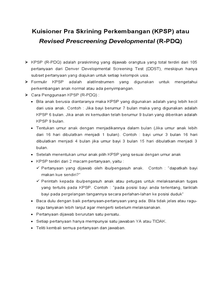Form Kuesioner Pra Skrining Perkembangan (KPSP) | PDF