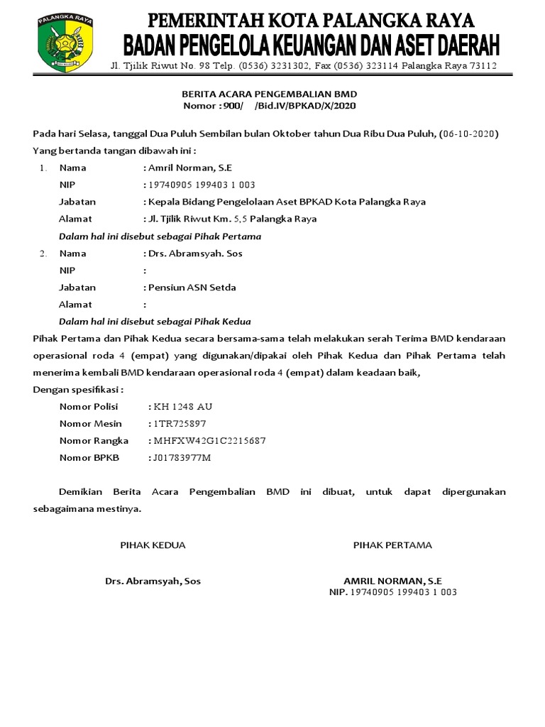 Berita Acara Pengembalian BMD | PDF