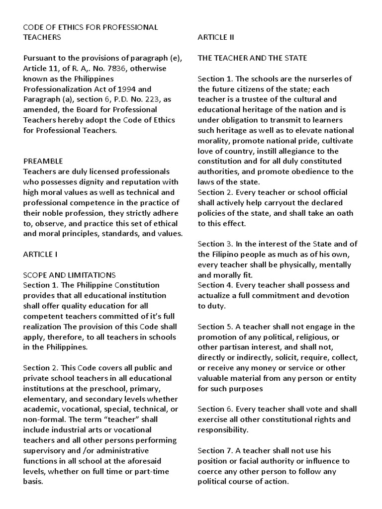 Code of Ethics For Professional Teachers | PDF | Teachers | Dignity