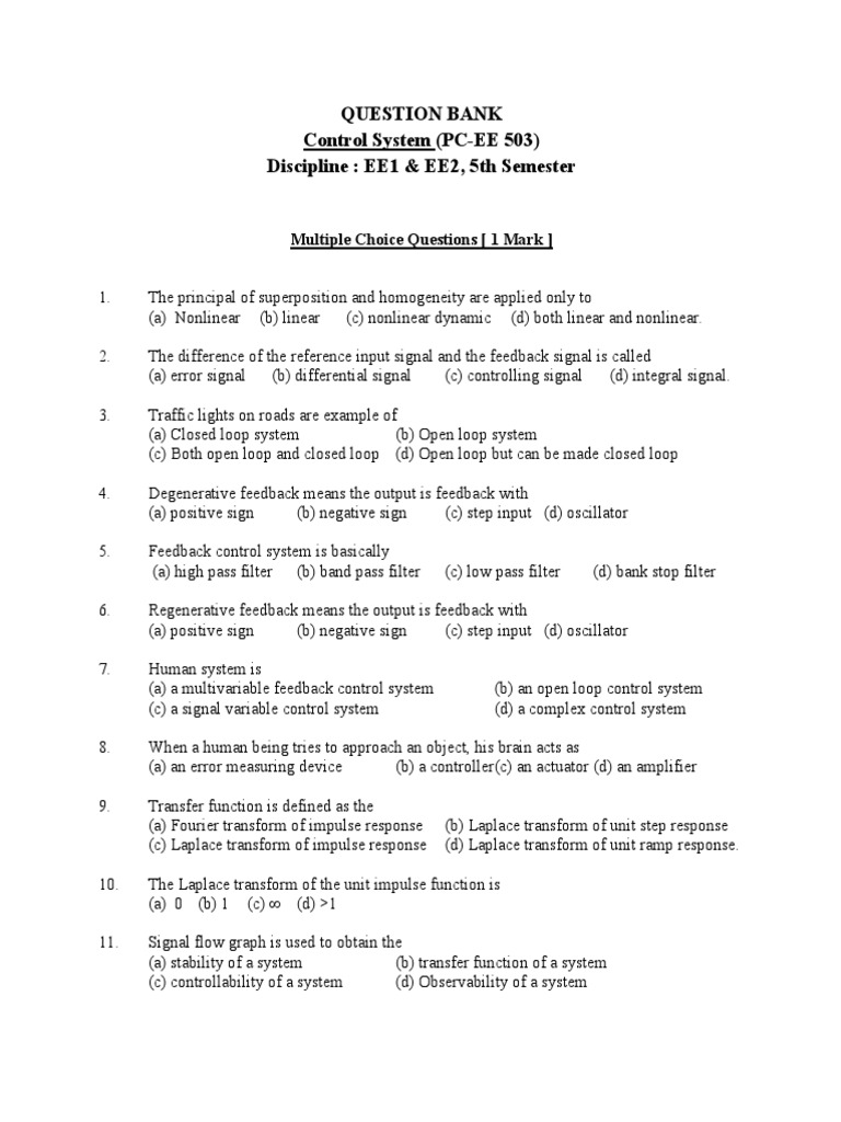 Question Bank Control System (PC-EE 503) Discipline: EE1 & EE2, 5th ...