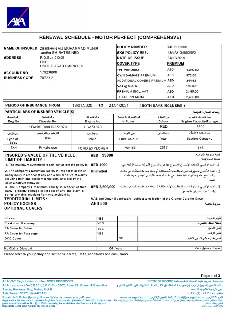 AXA Renewal Schedule | PDF | Value Added Tax | Insurance