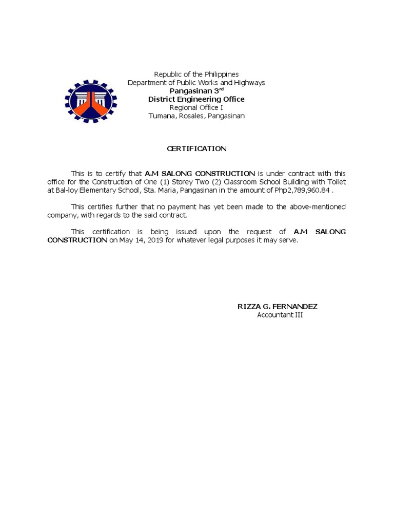 Certification of Non-Payment for Construction | PDF