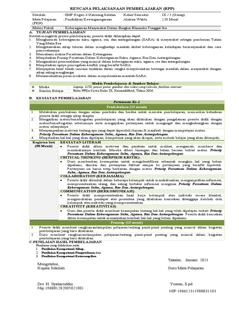 RPP PKN Kelas IX: Keberagaman & Bhinneka | PDF