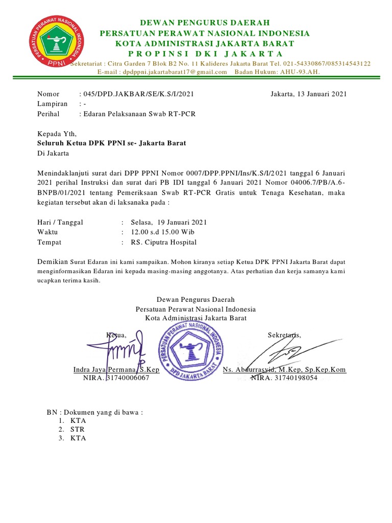 045 Edaran Pelaksanaan Swab RT-PCR | PDF