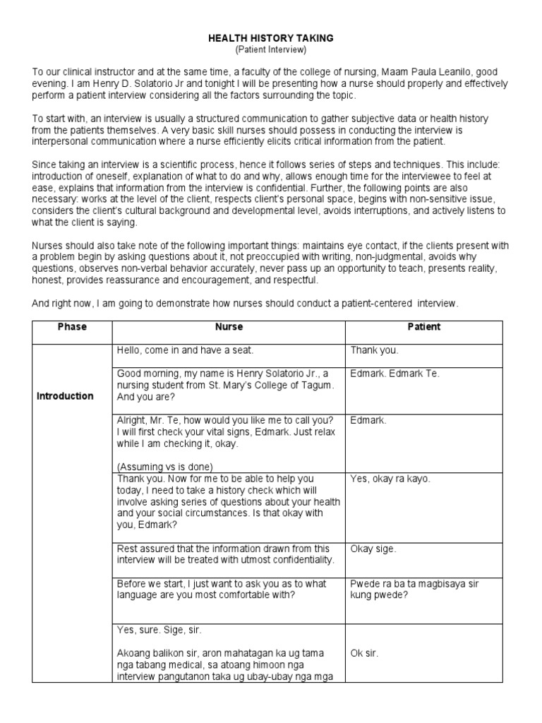 Patient Health History Interview | PDF | Interview | Nonverbal ...