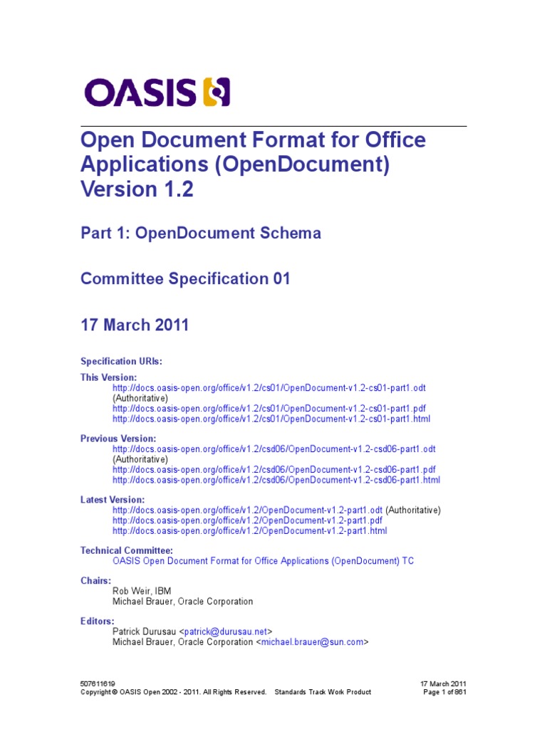 OpenDocument v1.2 cs01 Part1 1 | PDF | Xml Schema | Intellectual Property