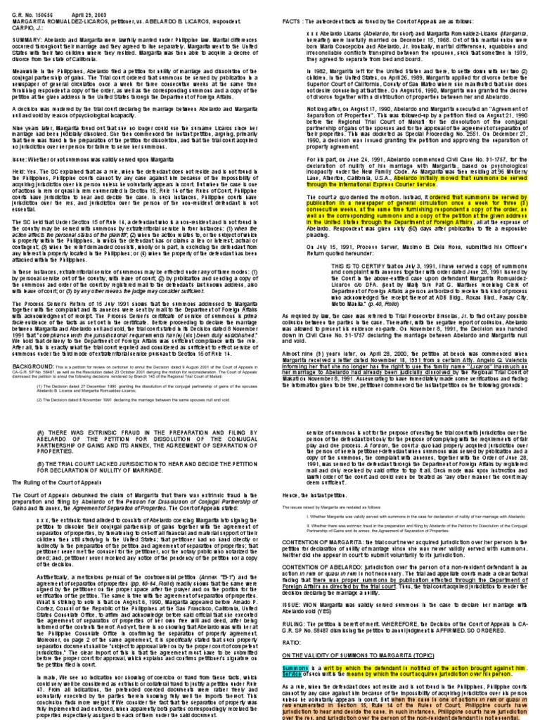 Romualdez-Licaros V Licaros | PDF | Annulment | Service Of Process