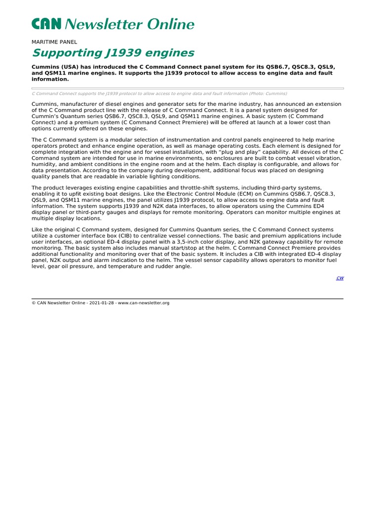Supporting j1939 Engines - C Command Connect - Cummins | PDF | Marine ...