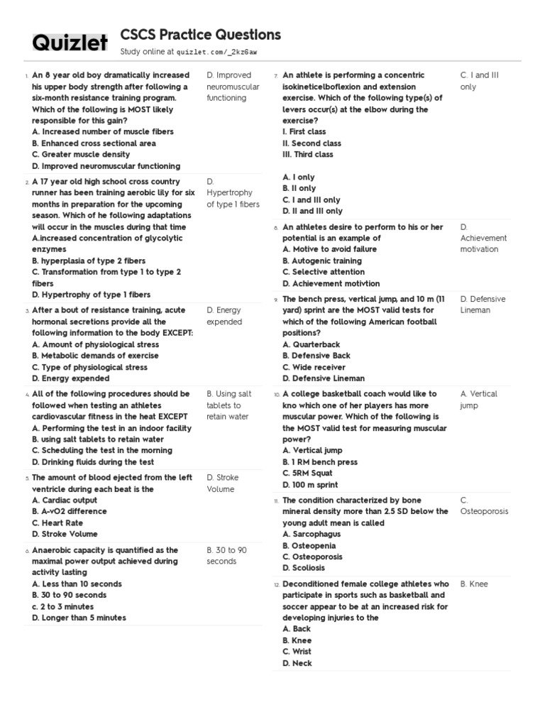 CSCS Practice Questions | PDF | Strength Training | Muscle