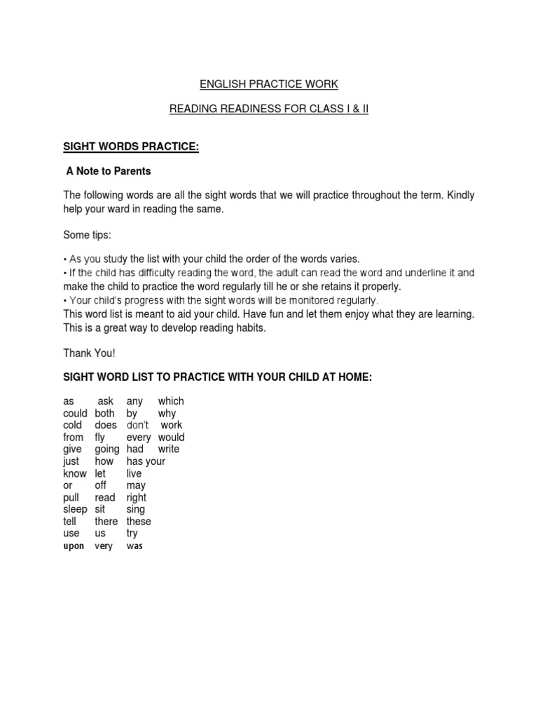 CBSE Class 1 English Practice Worksheets-Sight Words | PDF