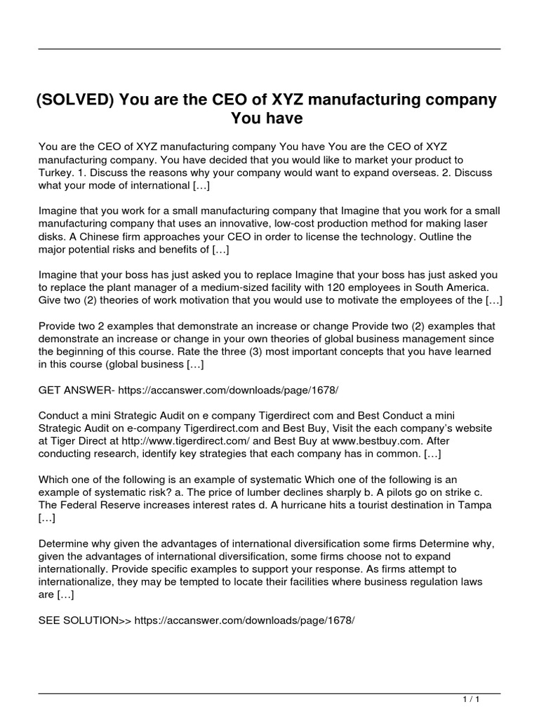 Solved You Are The Ceo of Xyz Manufacturing Company You Have | Download ...