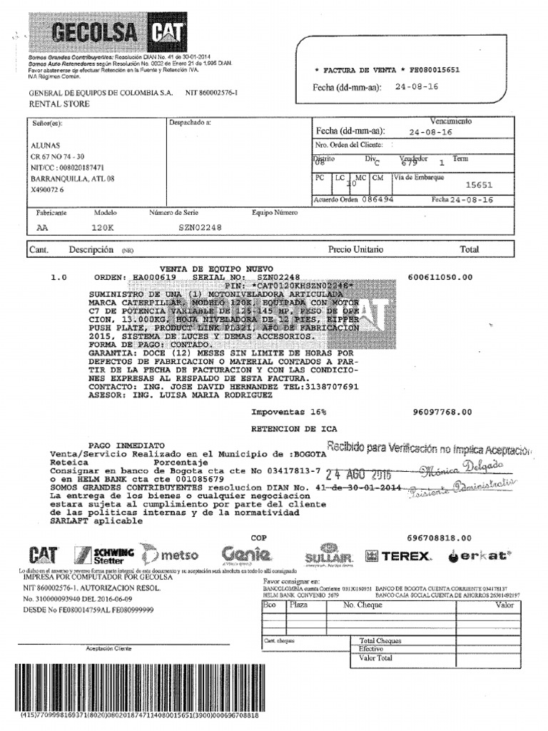 Factura - YDN-MN-02 - Motoniveladora Caterpillar 120K | PDF