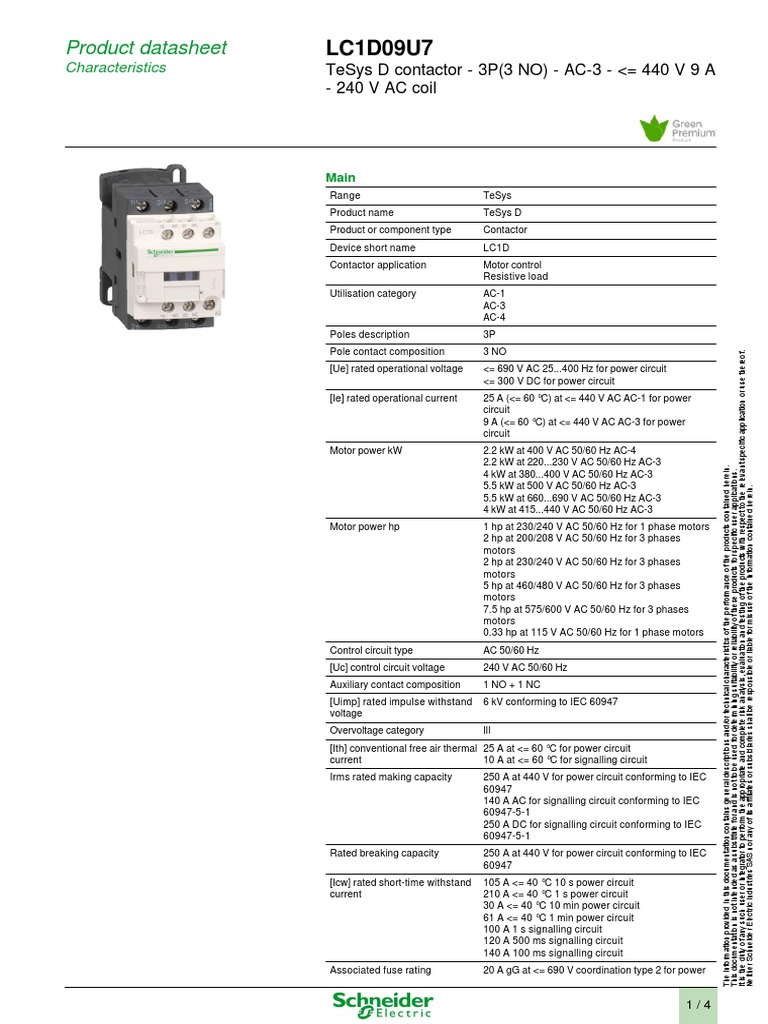 LC1D09U7 3P Contactor 9A 440V Datasheet | PDF | Alternating Current ...
