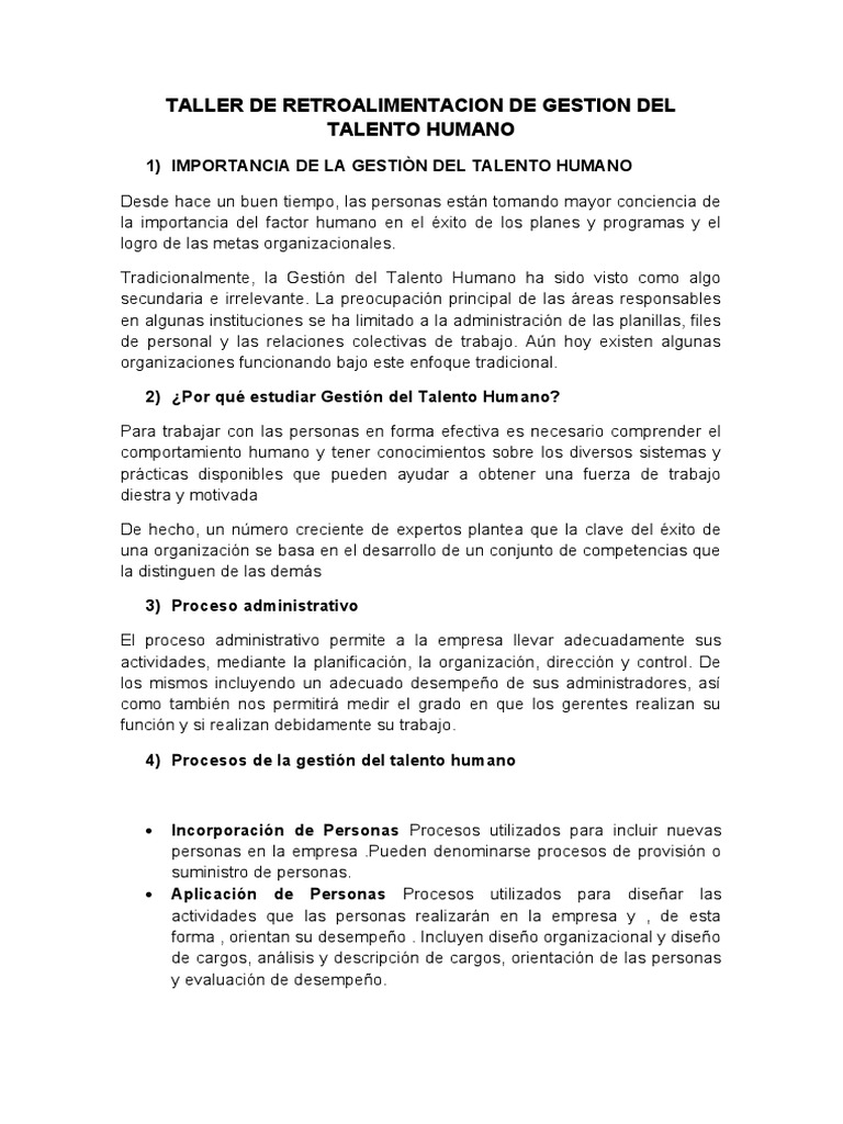 Taller de Retroalimentacion de Gestion Del Talento Humano | PDF | Gestión de recursos humanos ...