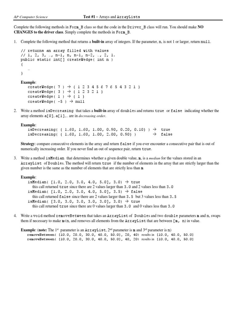 APCS Test 1 (Arrays and ArrayLists) 20-21 | PDF | Array Data Structure ...